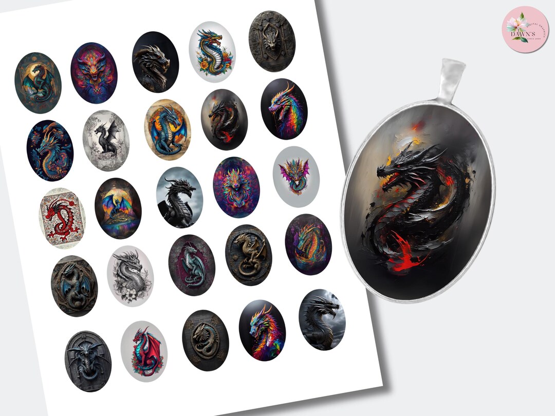 Majestic Gothic Dragons Cabochon | Printable Dragons Oval Cabochon ...