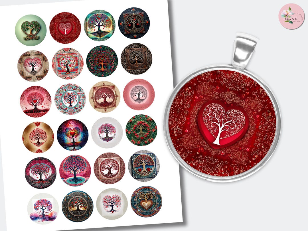 Colorful Tile Tree of Life Hearts Round Cabochon | Printable Valentine ...
