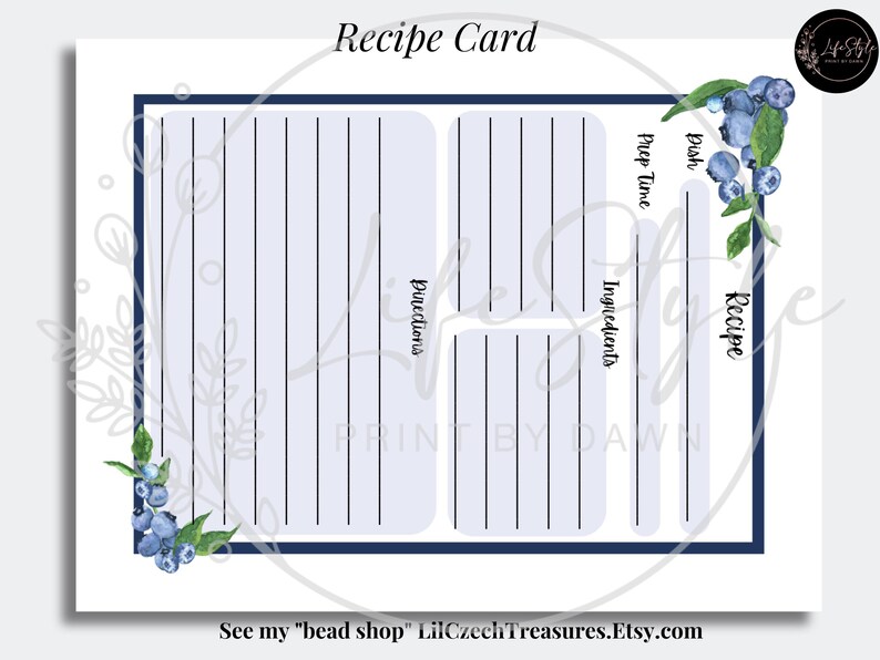 Blueberry Watercolor Design Downloadable Recipe Card | Printable Recipe ...