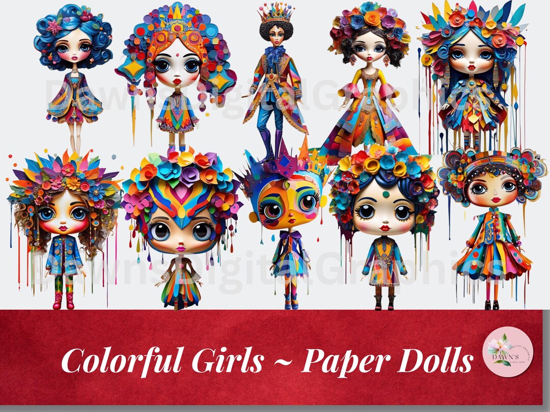 Colorful Paper Dolls | Printable Scrapbooking | Junk Journal Paper ...