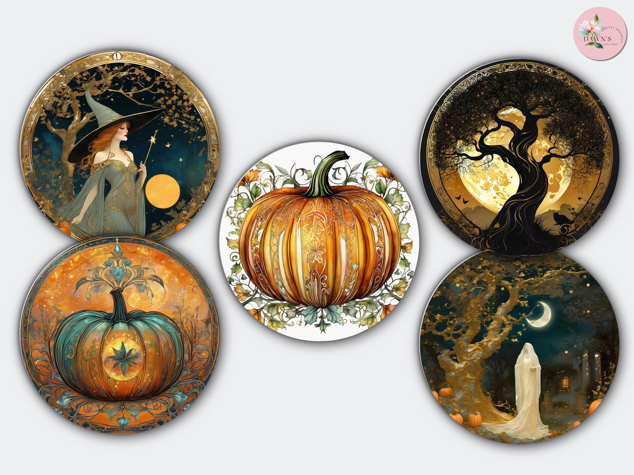 Art Nouveau Halloween Character Cabochon | Printable Ghost Witches Bats ...