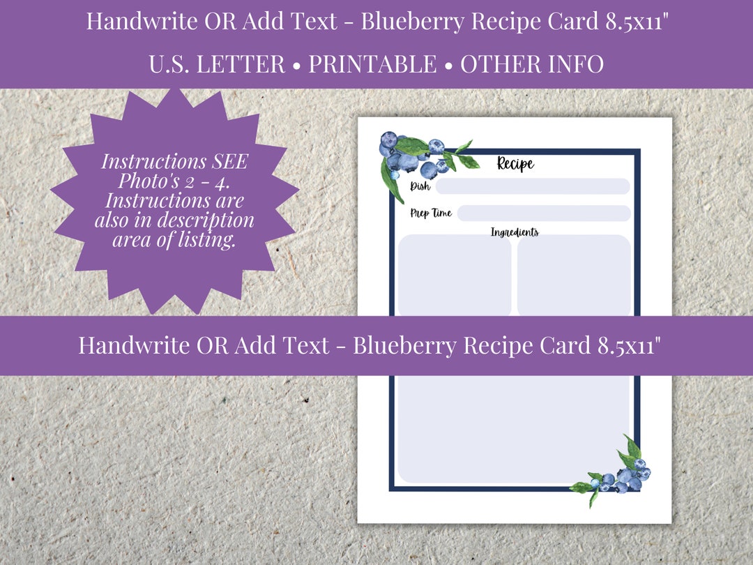 Blueberry Watercolor Design Downloadable Recipe Card Printable - Etsy