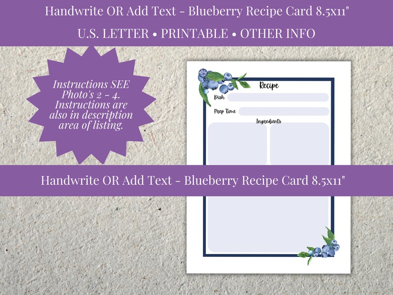 Blueberry Watercolor Design Downloadable Recipe Card Printable - Etsy