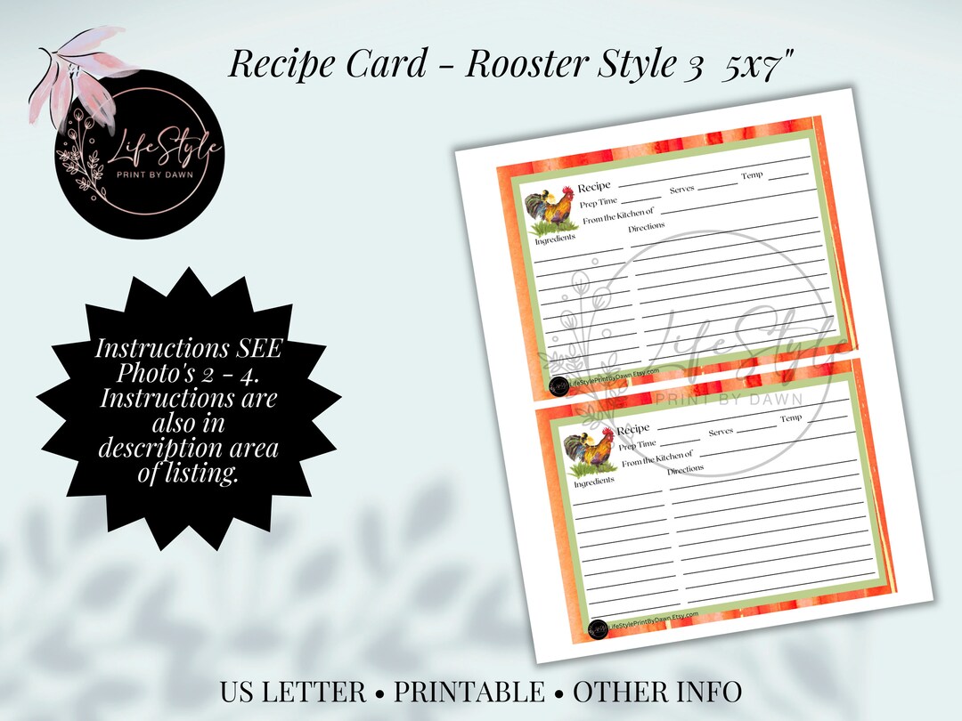 Rooster Design Downloadable Recipe Card Printable Recipe Card - Etsy