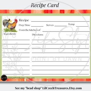 Rooster Design Downloadable Recipe Card Printable Recipe Card ...