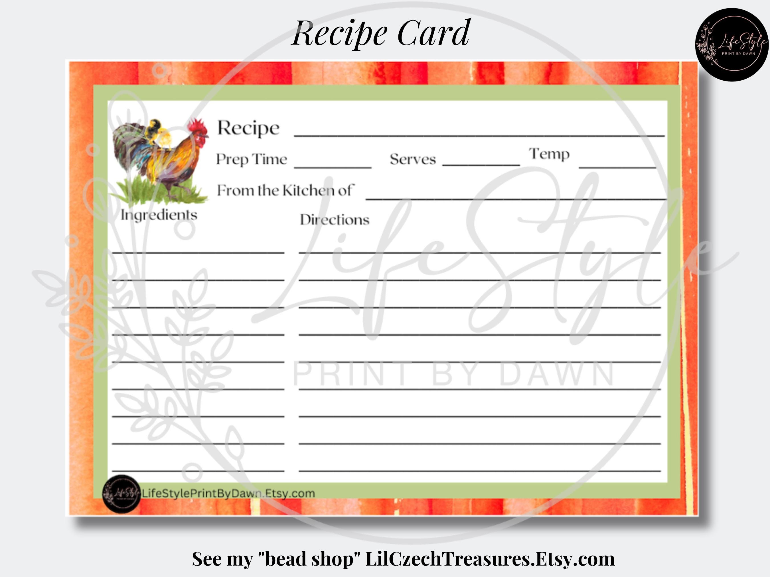 Rooster Design Downloadable Recipe Card Printable Recipe Card ...