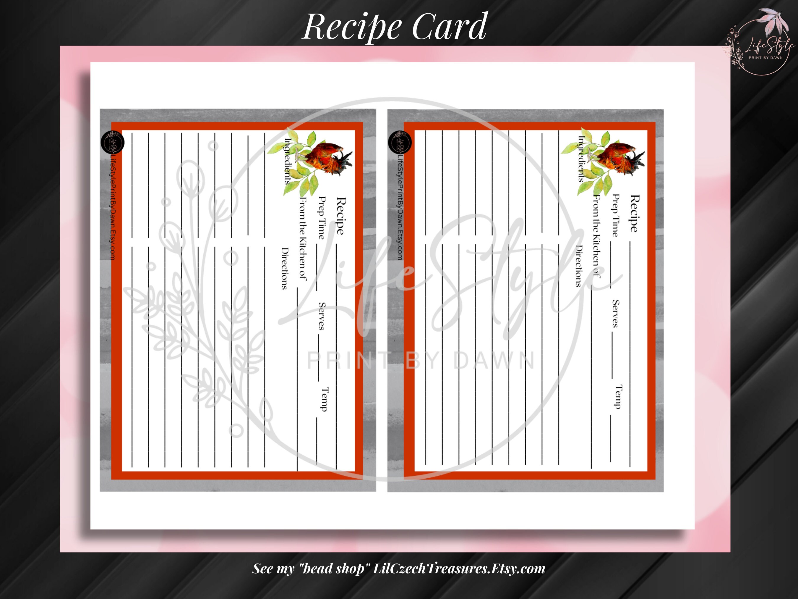Rooster Design Downloadable Recipe Card Printable Recipe Card ...