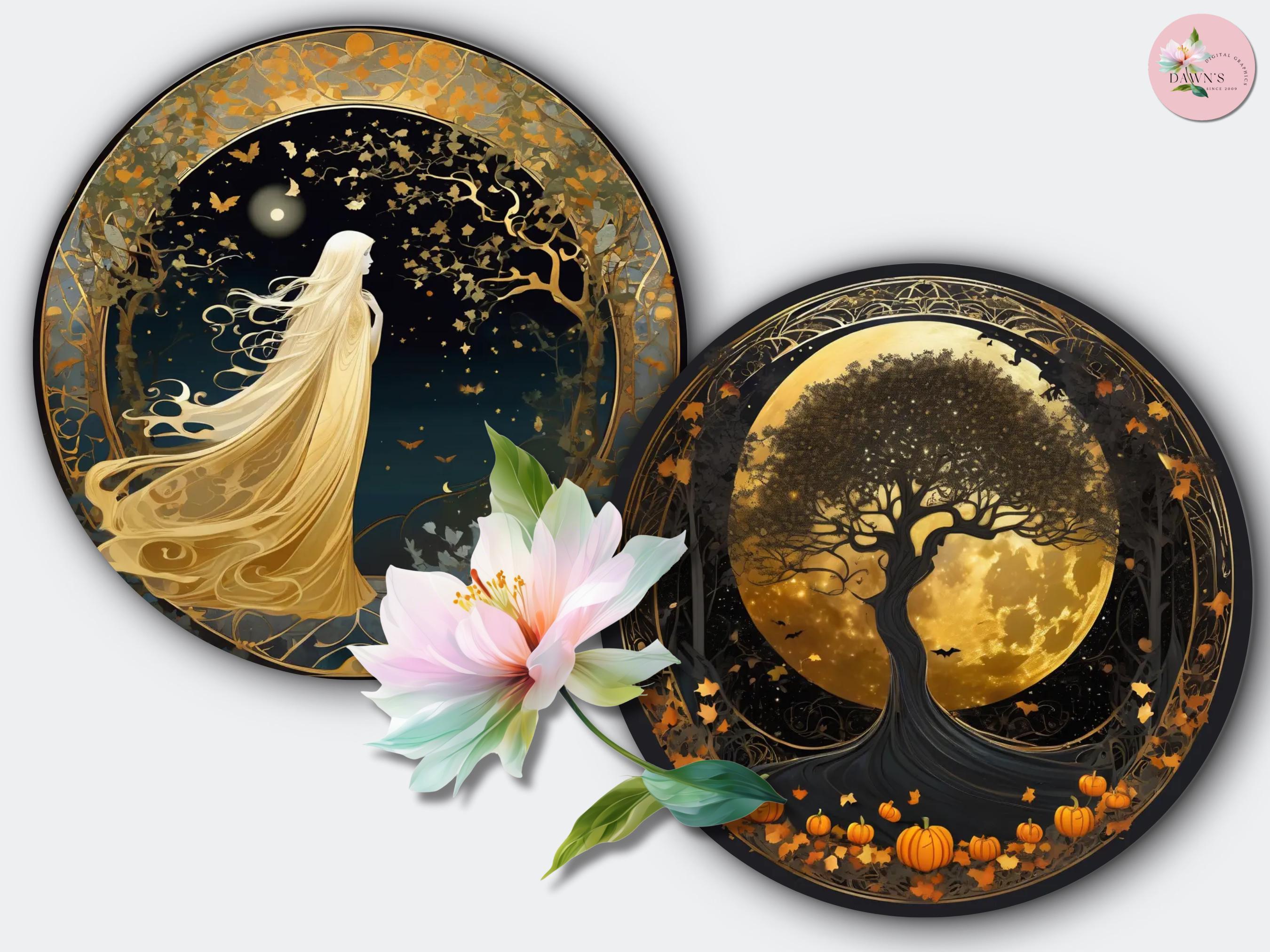 Art Nouveau Halloween Character Cabochon | Printable Ghost Witches Bats ...