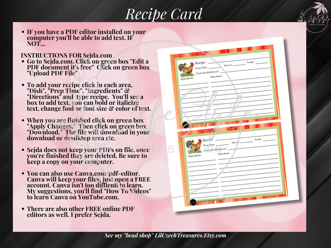 Rooster Design Downloadable Recipe Card Printable Recipe Card ...