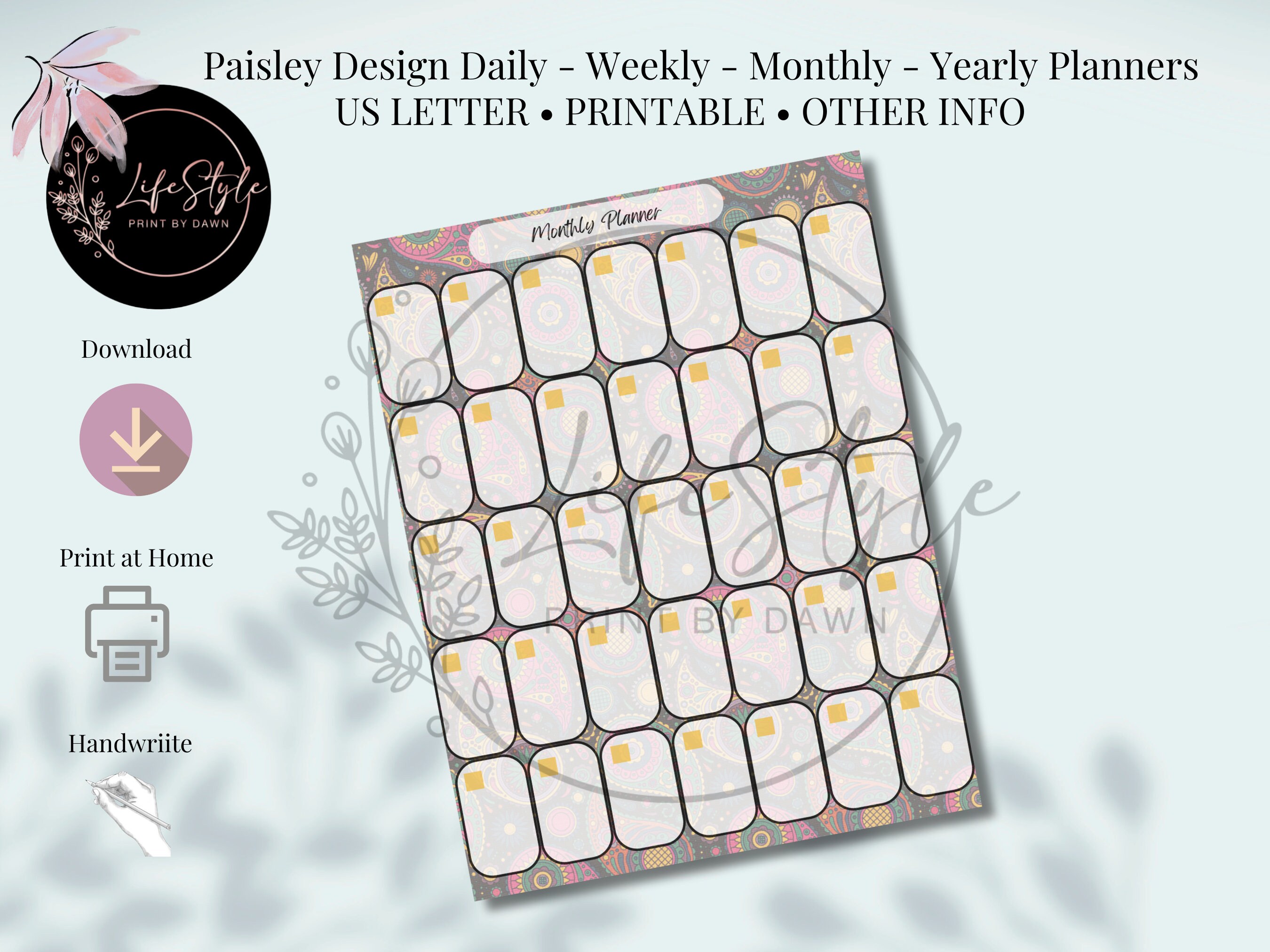 Digital Printable Paisley Design Daily Weekly Monthly Yearly Planner ...