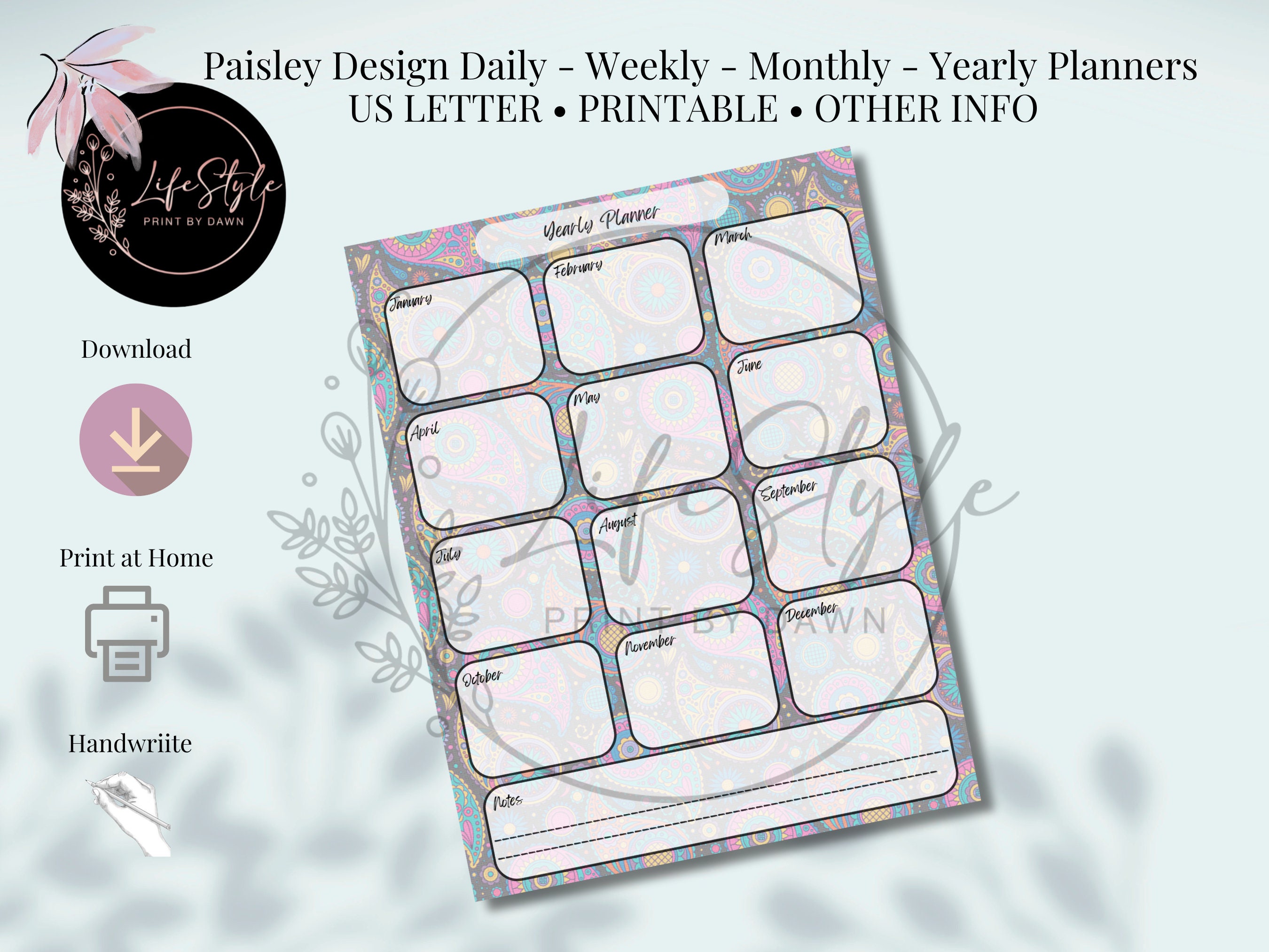 Digital Printable Paisley Design Daily Weekly Monthly Yearly Planner ...