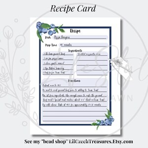 Blueberry Watercolor Design Downloadable Recipe Card | Printable Recipe ...