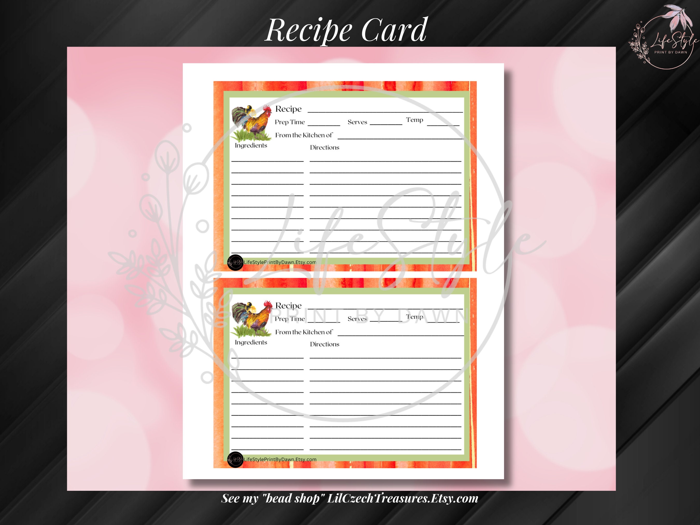 Rooster Design Downloadable Recipe Card Printable Recipe Card ...