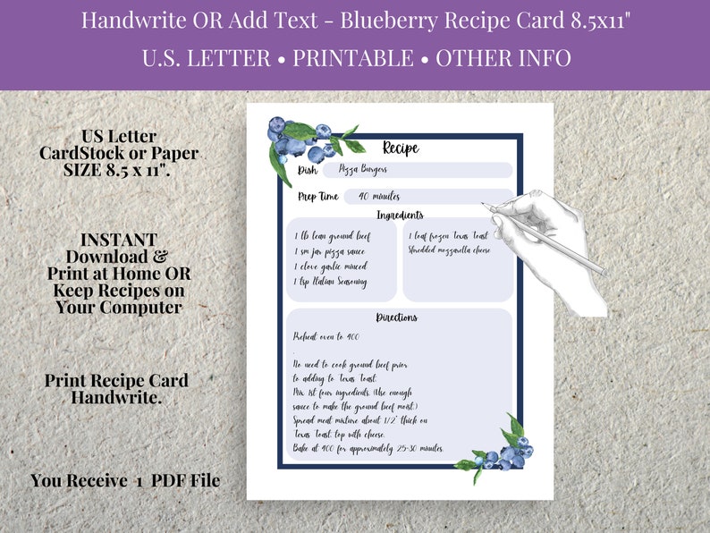 Blueberry Watercolor Design Downloadable Recipe Card Printable - Etsy