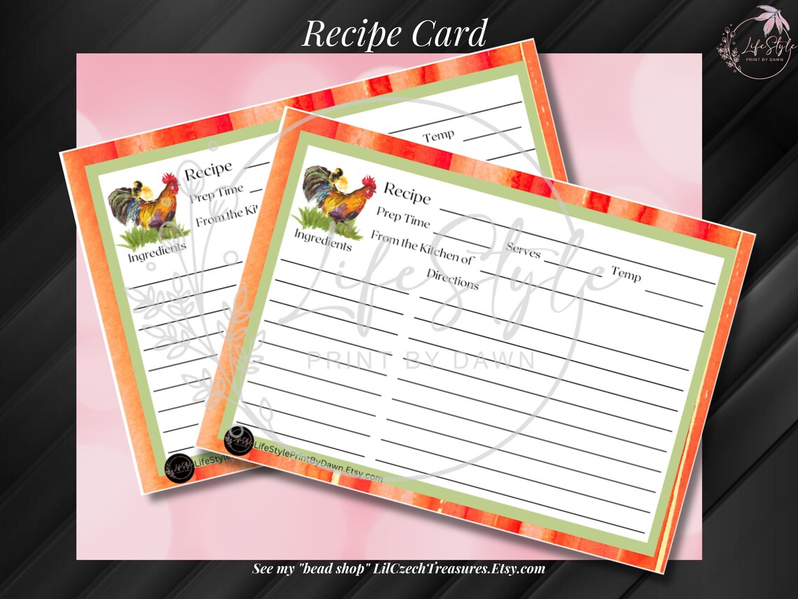 Rooster Design Downloadable Recipe Card Printable Recipe Card ...