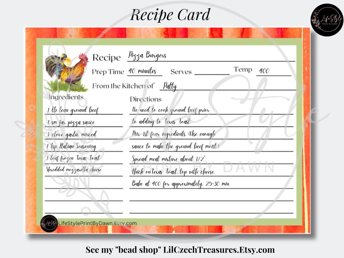 Rooster Design Downloadable Recipe Card Printable Recipe Card ...
