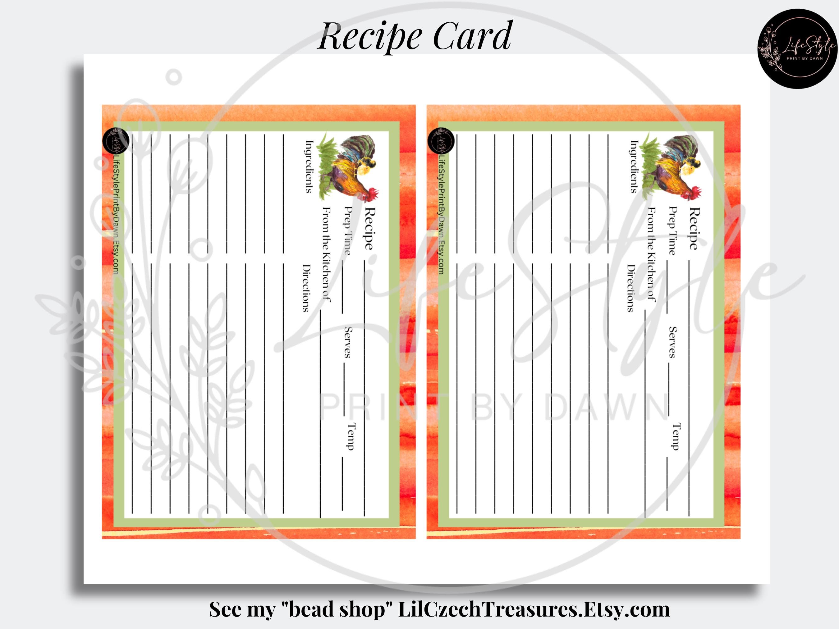Rooster Design Downloadable Recipe Card Printable Recipe Card ...