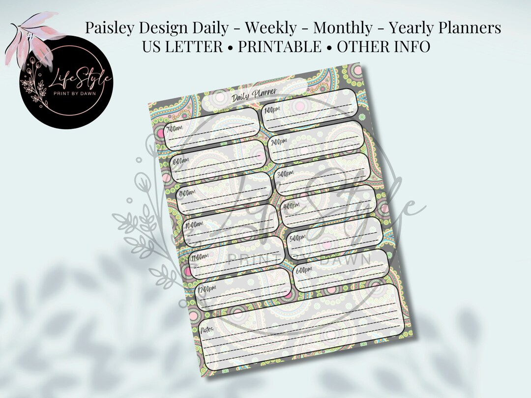 Digital Printable Paisley Design Daily Weekly Monthly Yearly Planner ...
