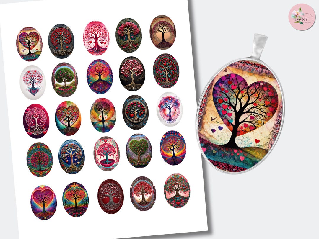 BUNDLE Valentine Colorful Tile Tree of Life Hearts Oval Paper Cabochon ...