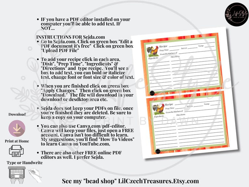 Rooster Design Downloadable Recipe Card Printable Recipe Card ...