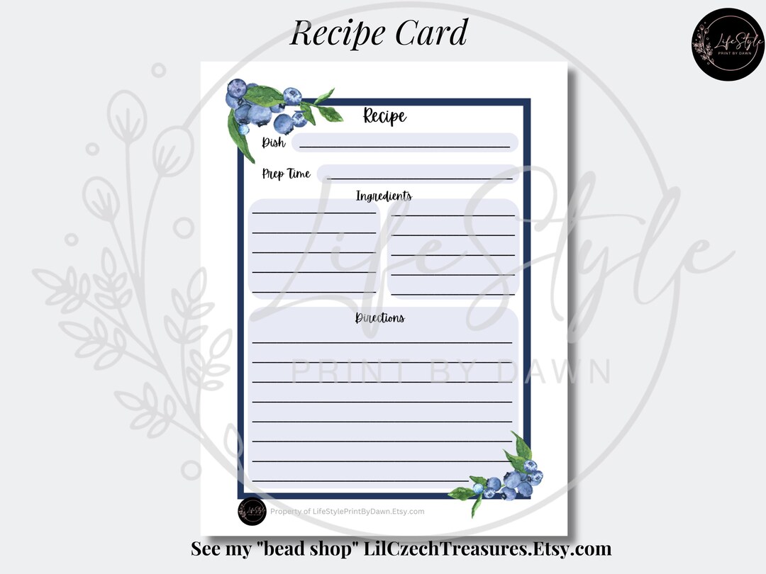 Blueberry Watercolor Design Downloadable Recipe Card Printable Recipe ...