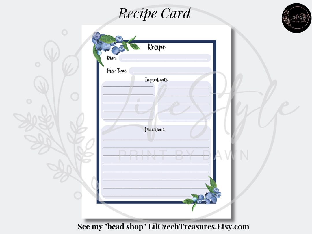 Blueberry Watercolor Design Downloadable Recipe Card | Printable Recipe ...