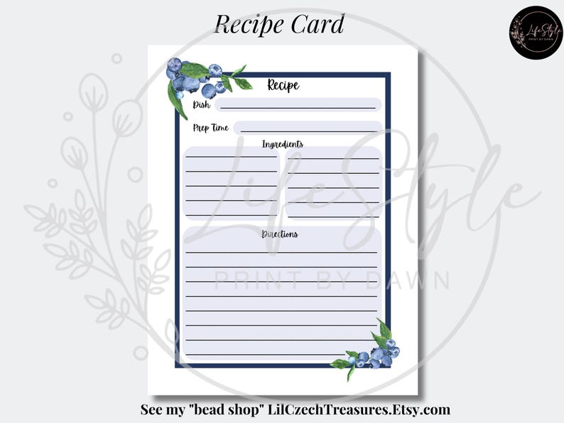 Blueberry Watercolor Design Downloadable Recipe Card | Printable Recipe ...