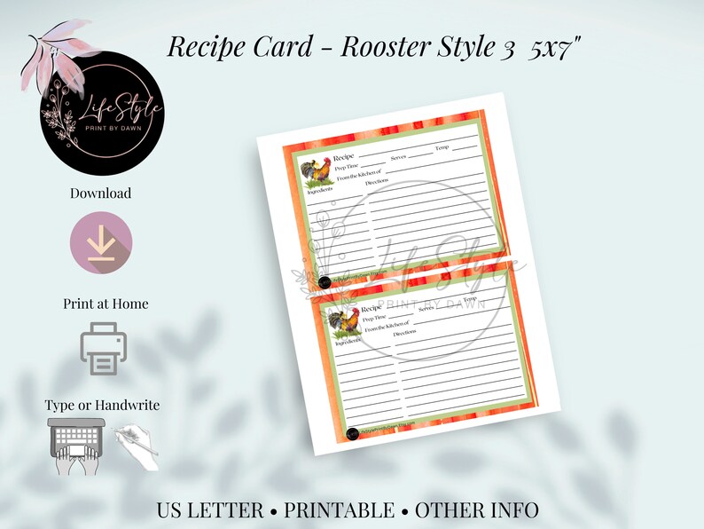 Rooster Design Downloadable Recipe Card Printable Recipe Card - Etsy