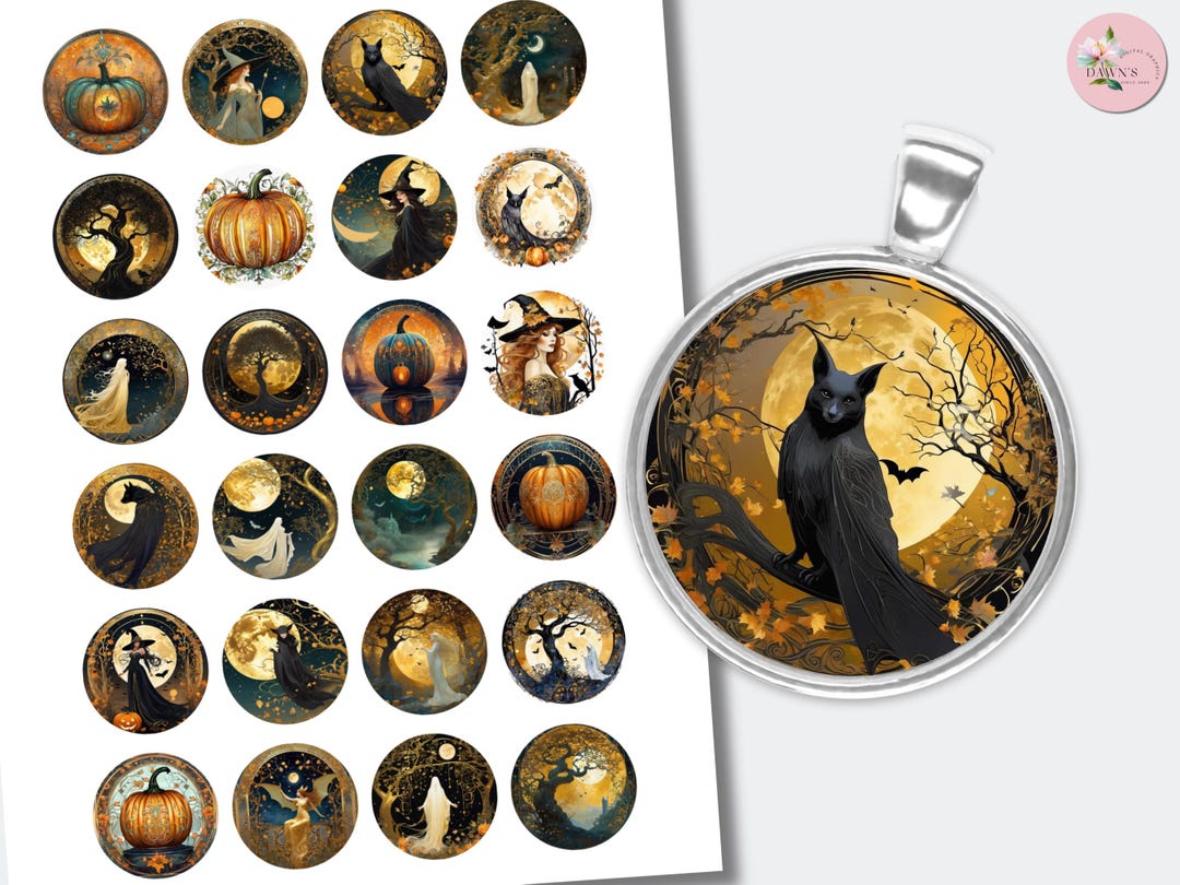 Art Nouveau Halloween Character Cabochon | Printable Ghost Witches Bats ...