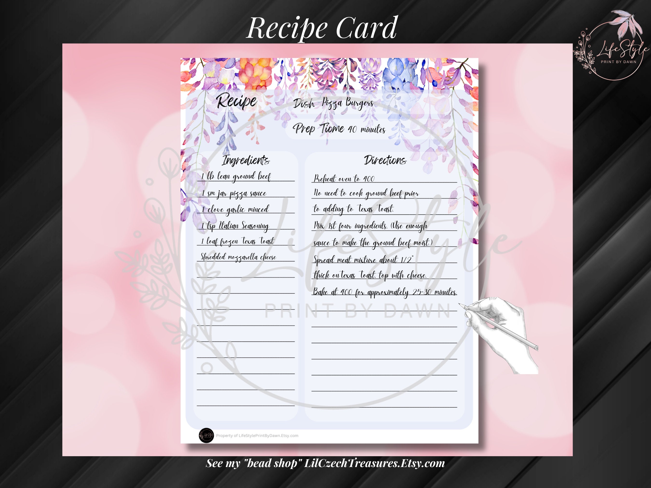 Wisteria Floral Watercolor Design Downloadable Recipe Card Printable ...