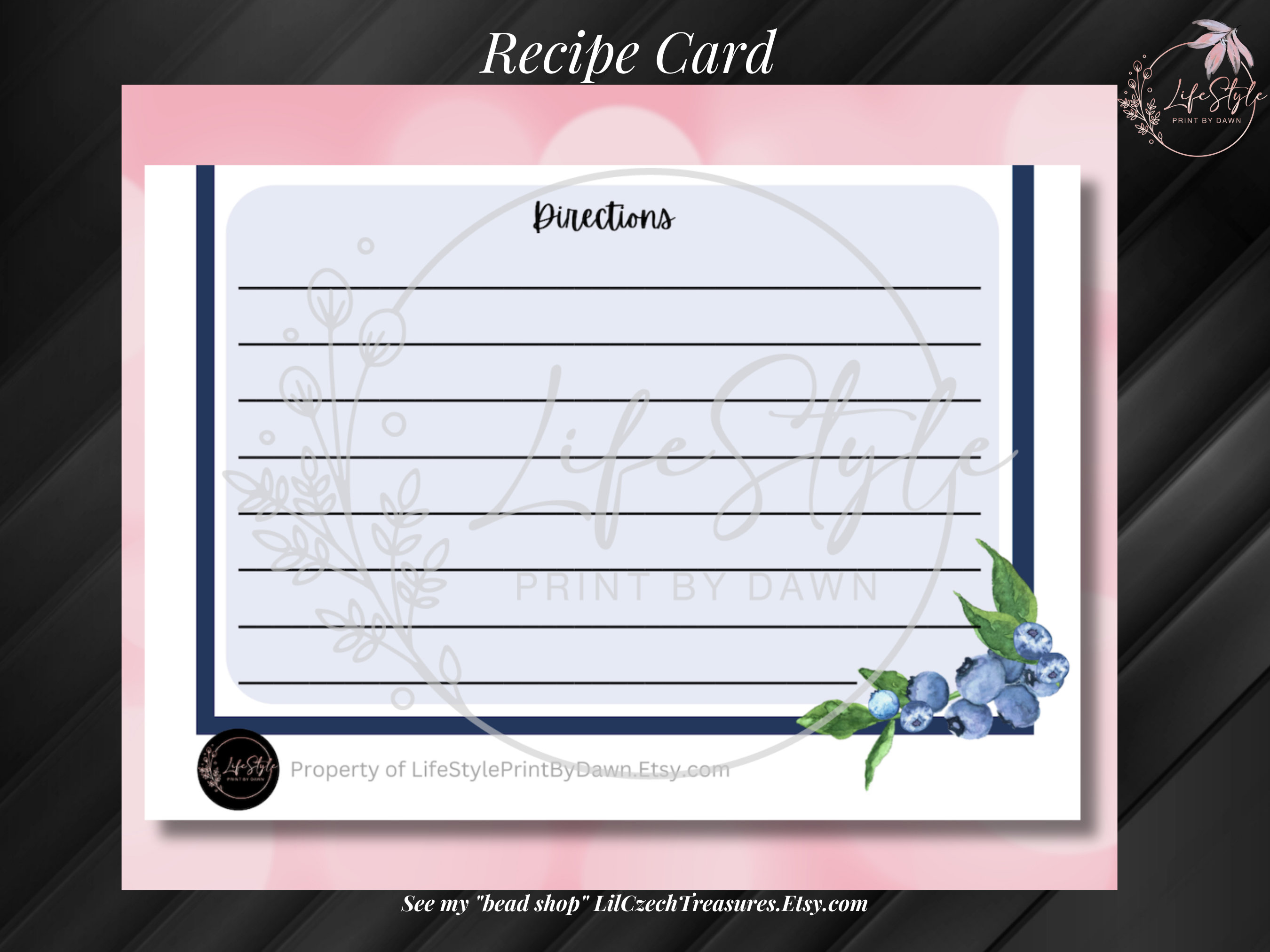 Blueberry Watercolor Design Downloadable Recipe Card Printable Recipe ...