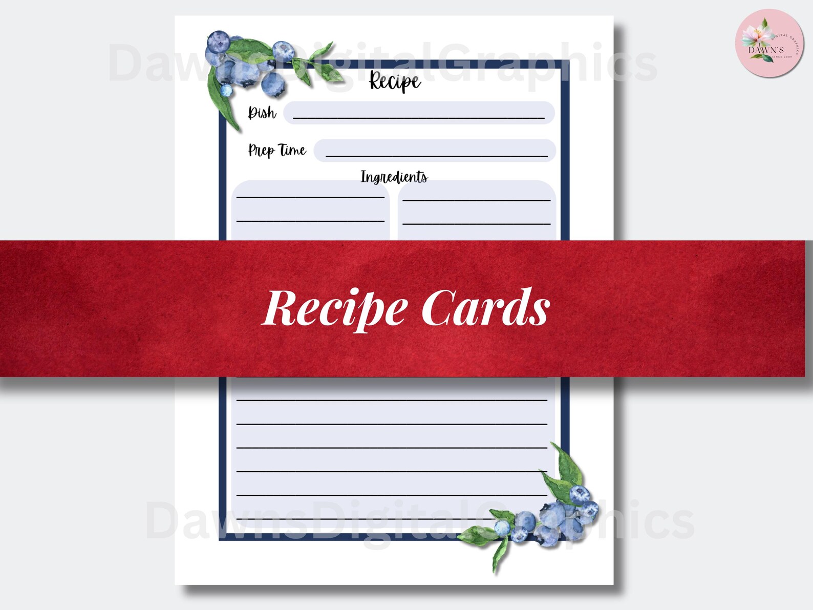 Blueberry Watercolor Design Downloadable Recipe Card | Printable Recipe ...