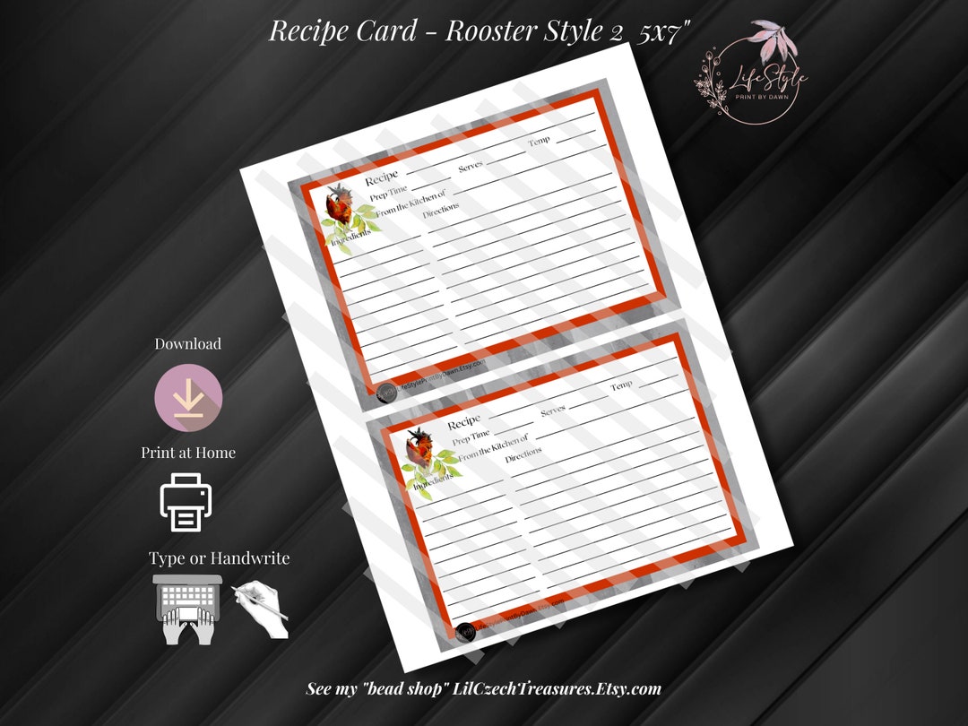 Rooster Design Downloadable Recipe Card Printable Recipe Card ...