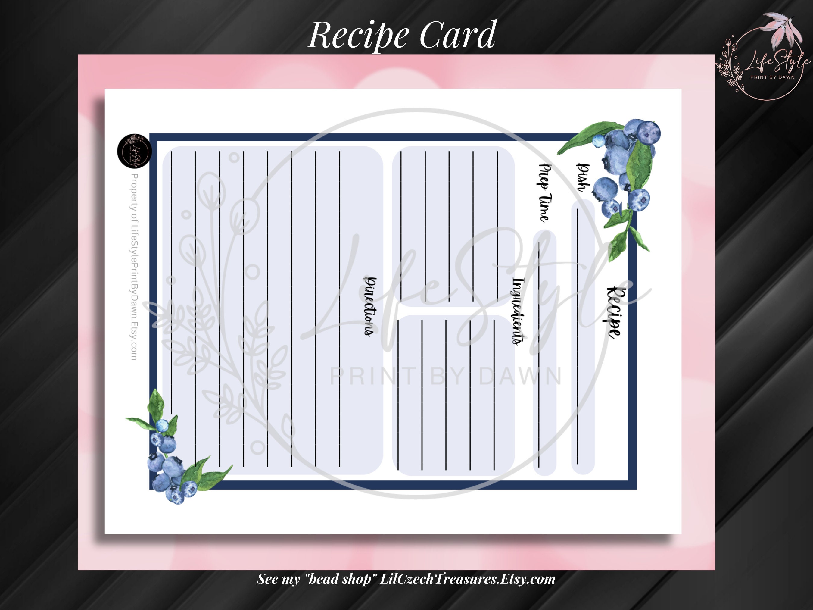 Blueberry Watercolor Design Downloadable Recipe Card Printable Recipe ...