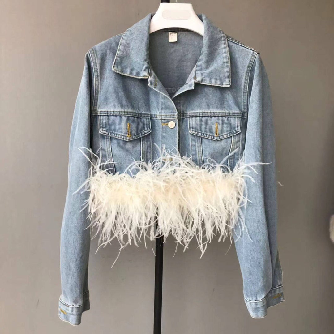 Light Jean Jacket With White Ostrich Feather Trim - Etsy