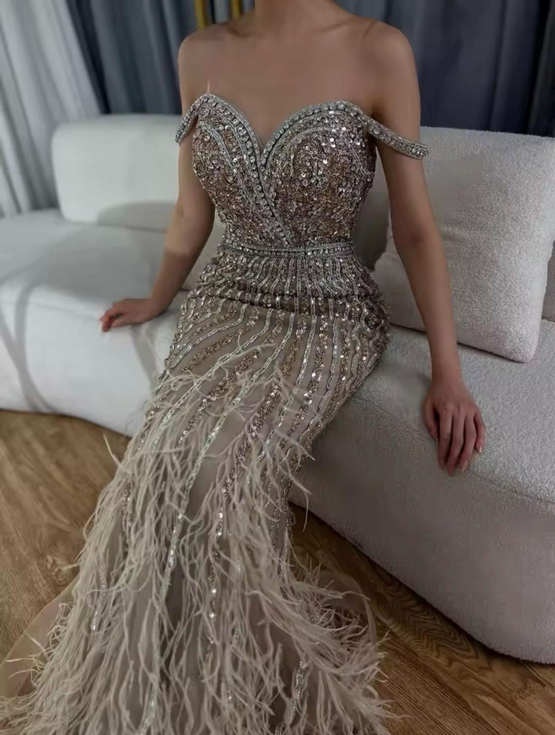 Champagne off Shoulder Rhinestone Bead and Feather Embellished Gown - Etsy