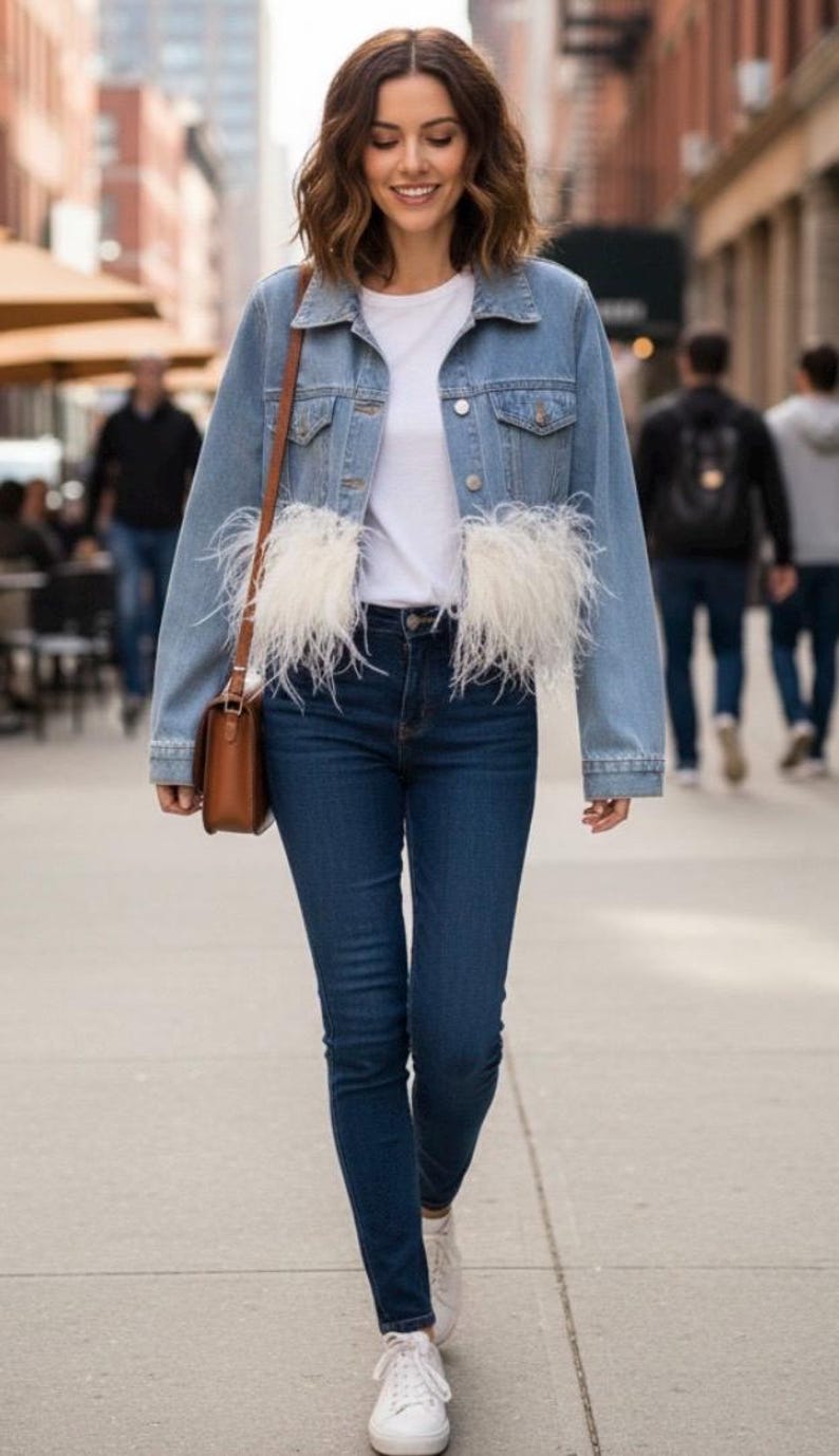 Light Jean Jacket With White Ostrich Feather Trim - Etsy