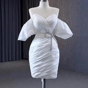 White off Shoulder Puff Sleeve Sweetheart Neck Pleated Mini Dress With ...