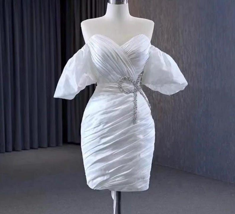 White off Shoulder Puff Sleeve Sweetheart Neck Pleated Mini Dress With ...
