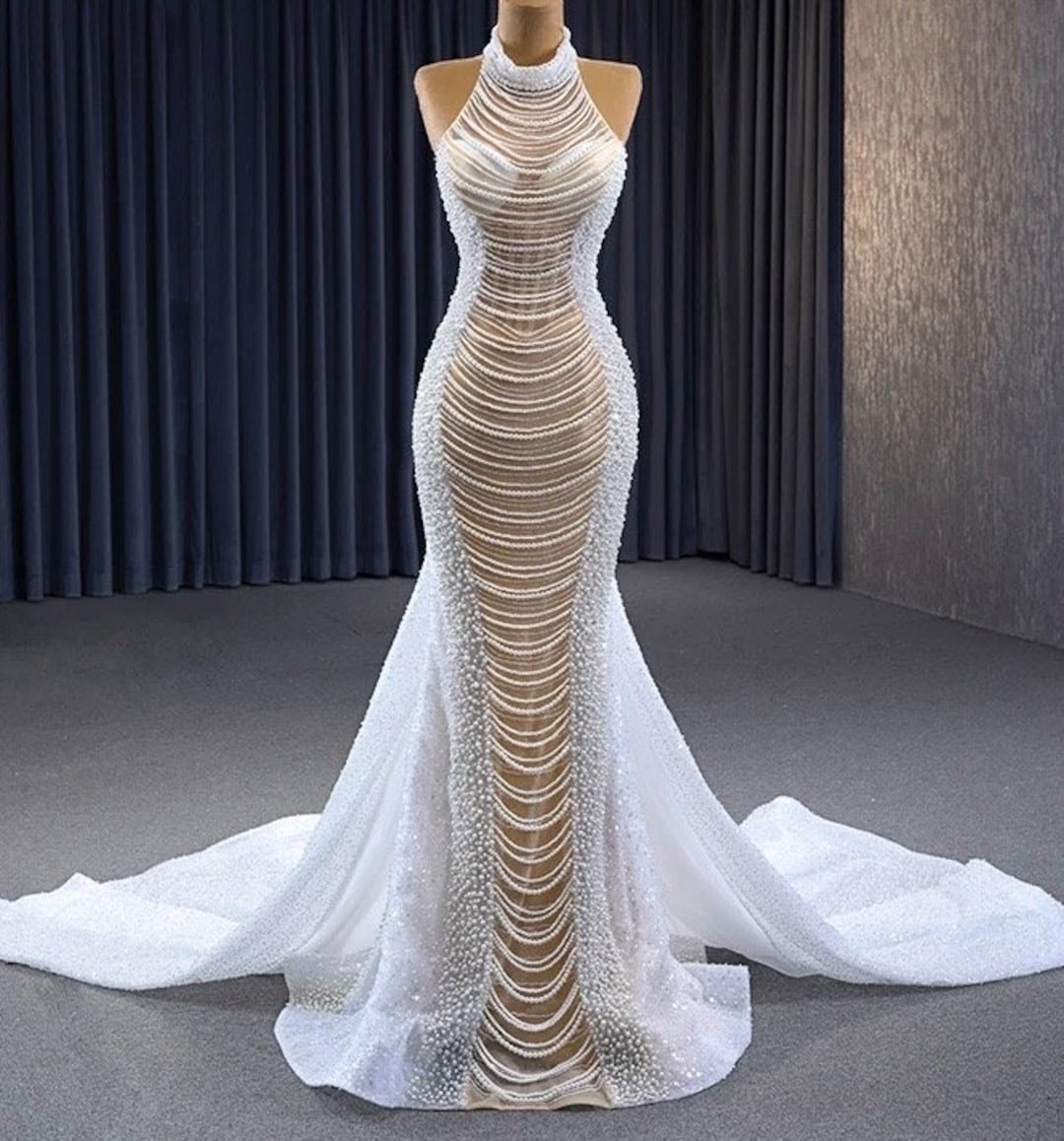 White Beaded Pearl String Halter Corset Tie Back Gown With Glitter ...