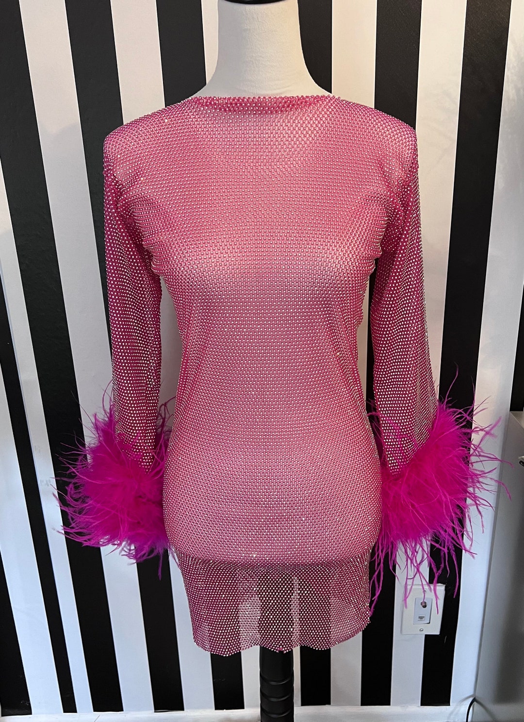 Fuchsia Rhinestone Mesh Mini Dress With Full Ostrich Feather - Etsy