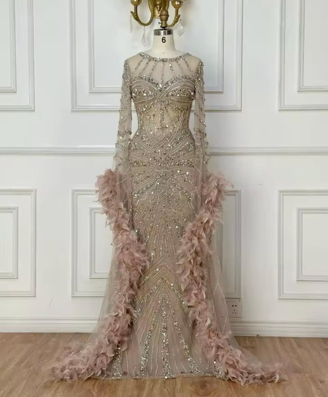 Long Feather Trim Cape Sleeve Bead Embellished Gown - Etsy