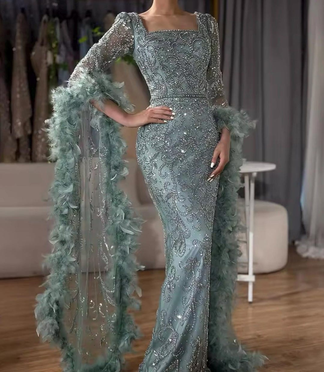 Teal Long Feather Trim Cape Sleeve Bead and Sequin Embellished Gown - Etsy