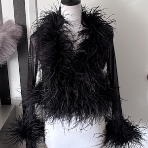 Black Sheer Long Sleeve Bolero With Ostrich Feather Trim on Collar and ...