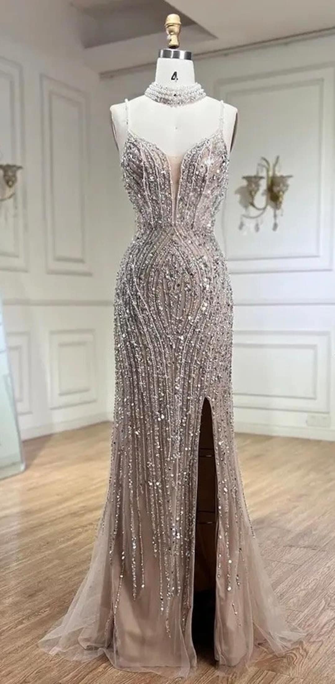 Sleeveless Sequin and Beaded Embellished Front Slit Gown - Etsy
