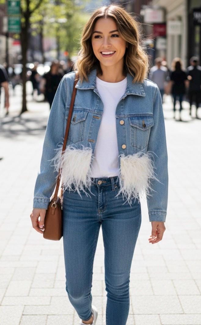 Light Jean Jacket With White Ostrich Feather Trim - Etsy