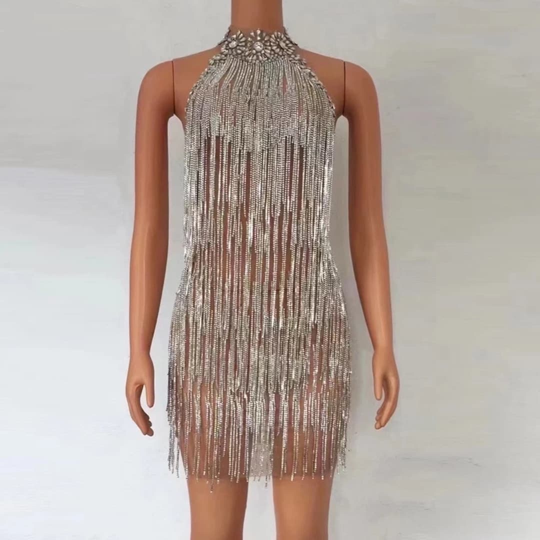 Rhinestone Fringe Embellished Halter Mini Dress - Etsy