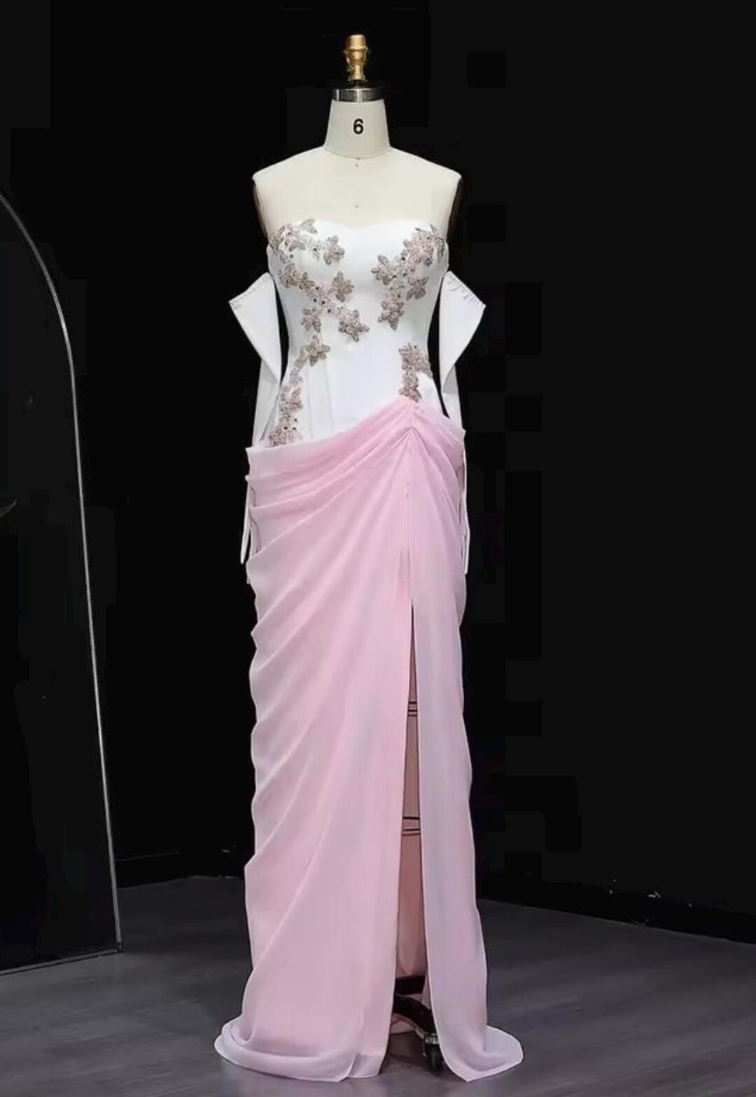 Strapless Beaded Corset Hip Draped Sheer High Slit Gown With Matching ...