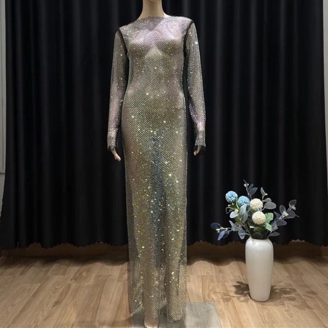 AB Rhinestone Crystal Mesh Maxi Dress - Etsy