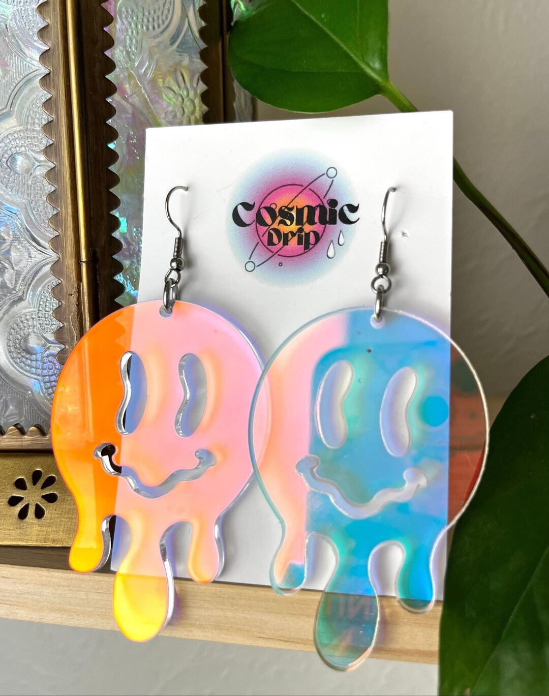 Melted Smiley Face Earrings: Iridescent Rave Accessories - Etsy